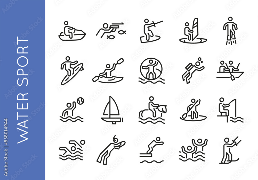 Water sports icons. Set of 20 water sports trendy minimal icons ...