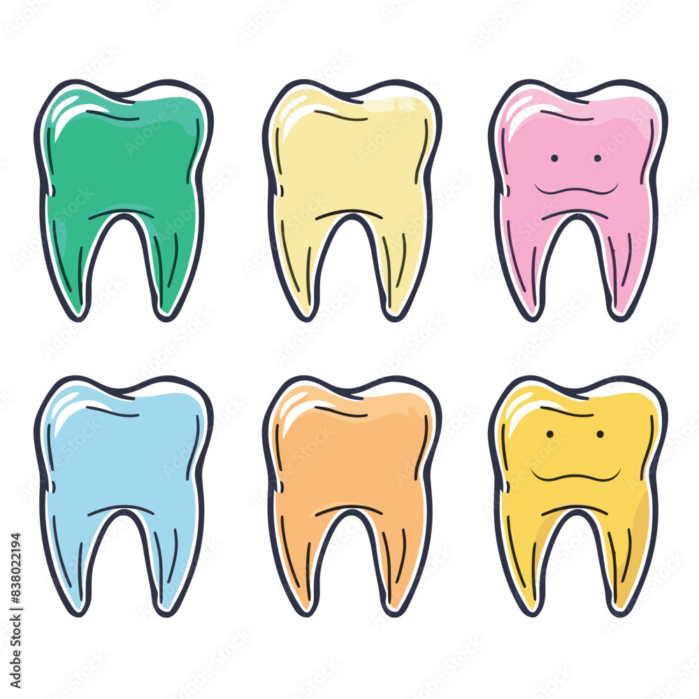 Colorful teeth cartoon set showing various moods, emotions, health ...