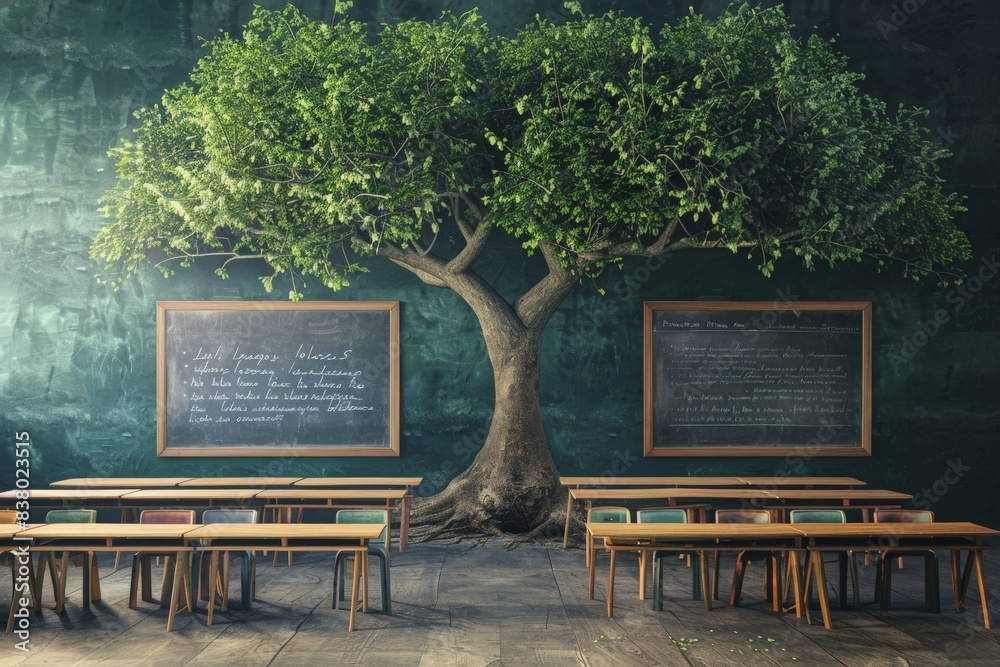 Knowledge tree growing in a classroom, with branches extending into ...