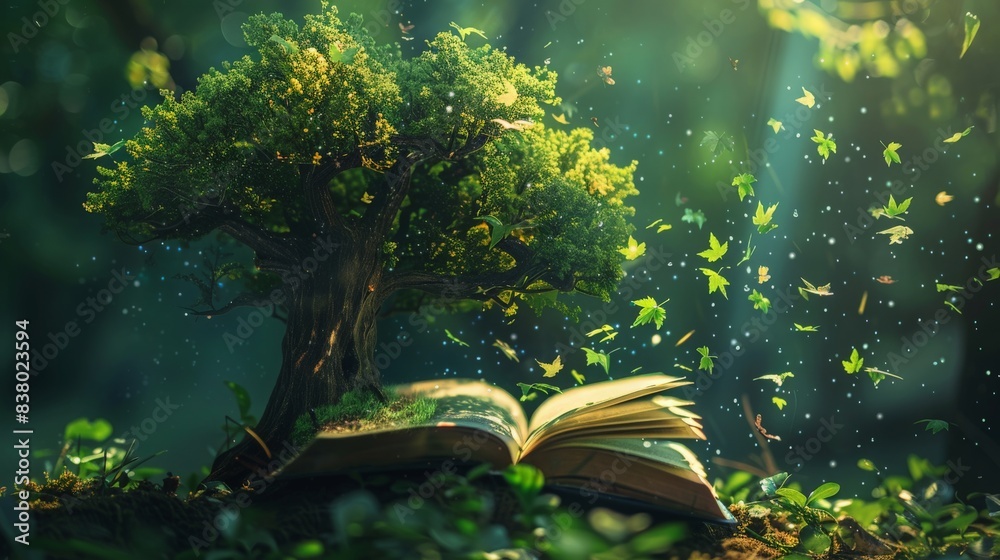 Knowledge tree with leaves that turn into pages of an open book ...