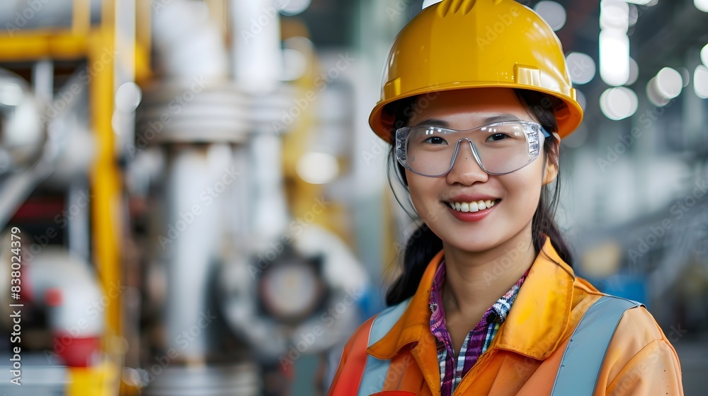 Engineer, Asian woman in construction clothes and hat smiling ...
