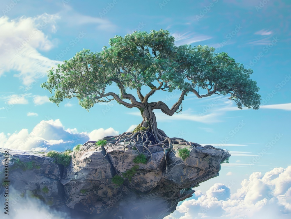 Tree of life on a cliff edge, with roots gripping the rock and branches ...