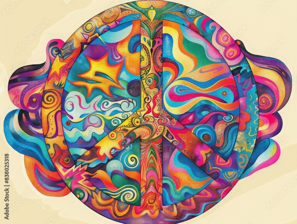 Vintage-inspired peace sign poster with psychedelic colors and patterns ...