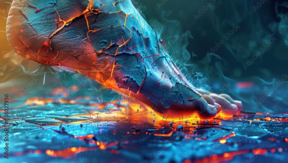 Illustrate a foot with subtle cracks spreading across the surface ...