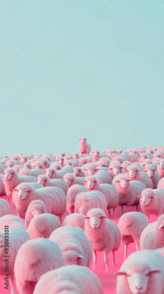 Lone sheep standing out in a crowd of pink sheep under a soft blue sky ...