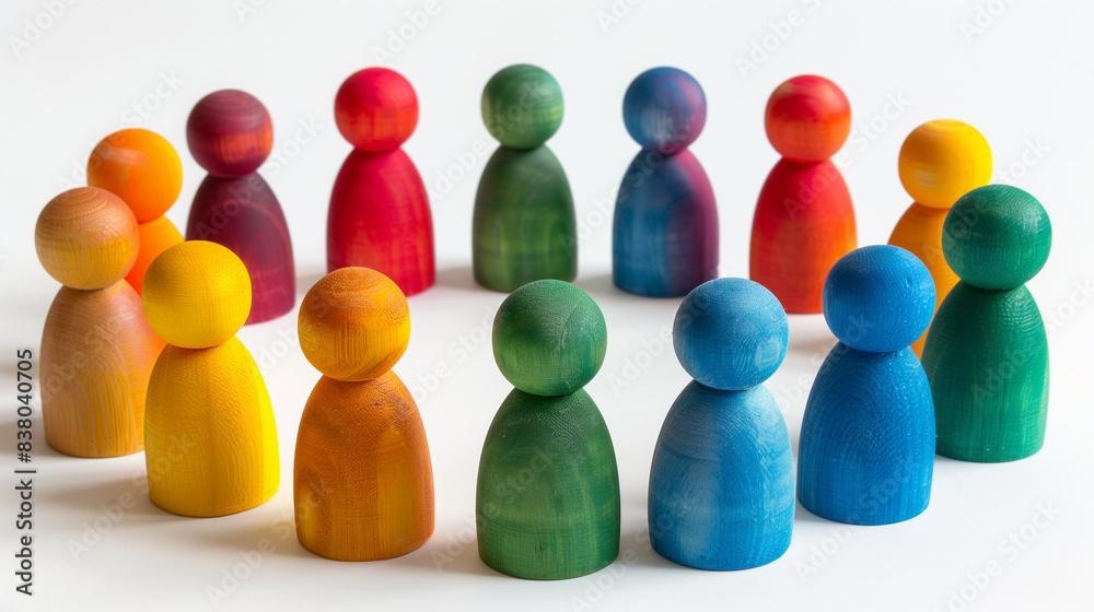 Colorful wooden figures standing together, representing DEIB, emphasize ...