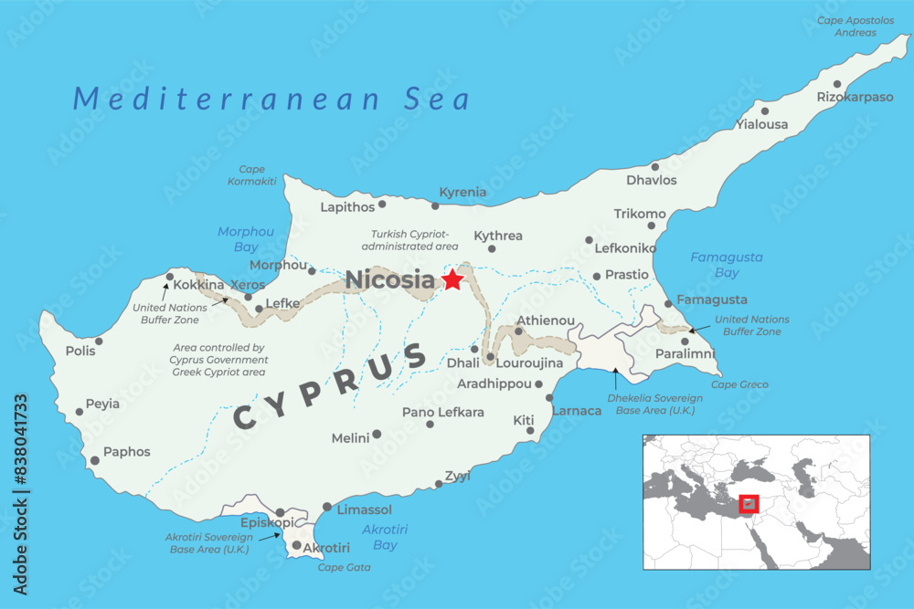 Cyprus Political Map with capital Nicosia with national borders Stock ...