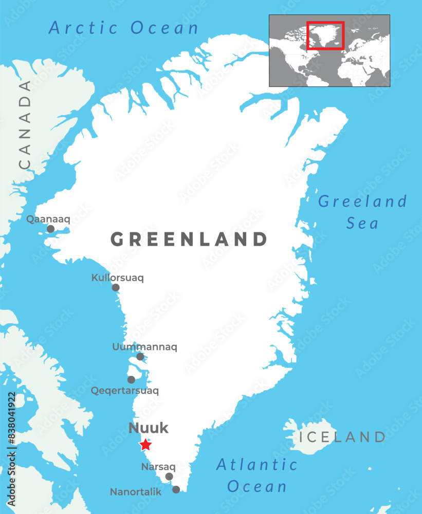 Plakat Greenland Political Map with capital Nuuk with most important ... Plakat Greenland Political Map with capital Nuuk with most important ...