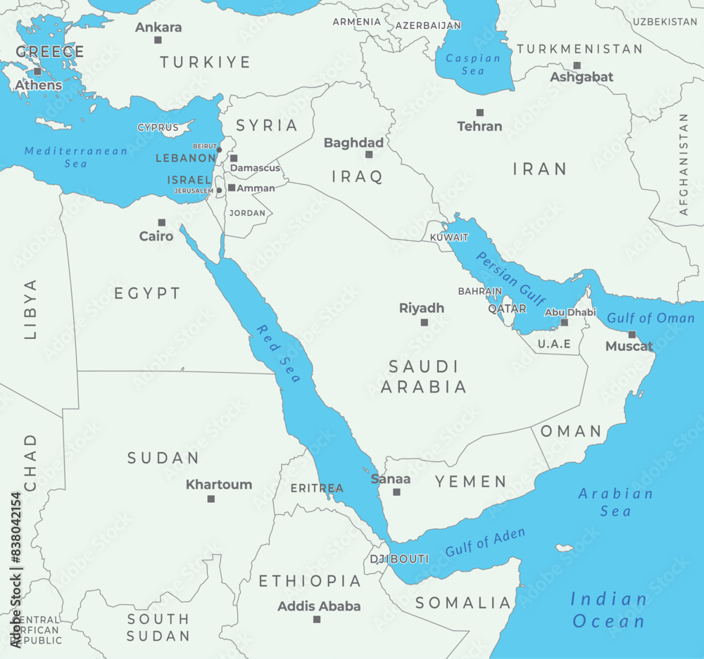 Middle East, political map countries with capitals and international ...