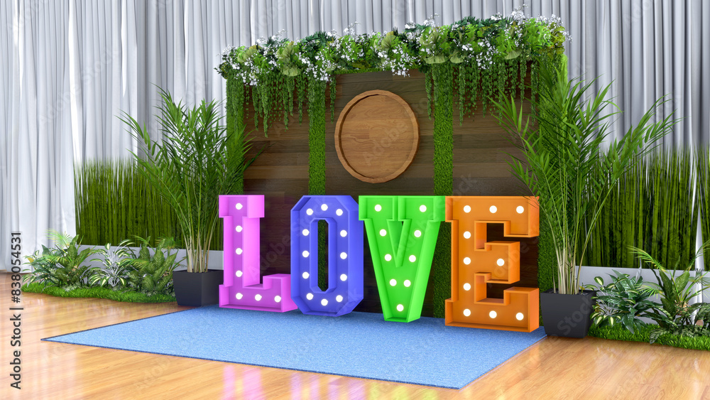 3d illustration backdrop photo booth decoration plants with big text ...