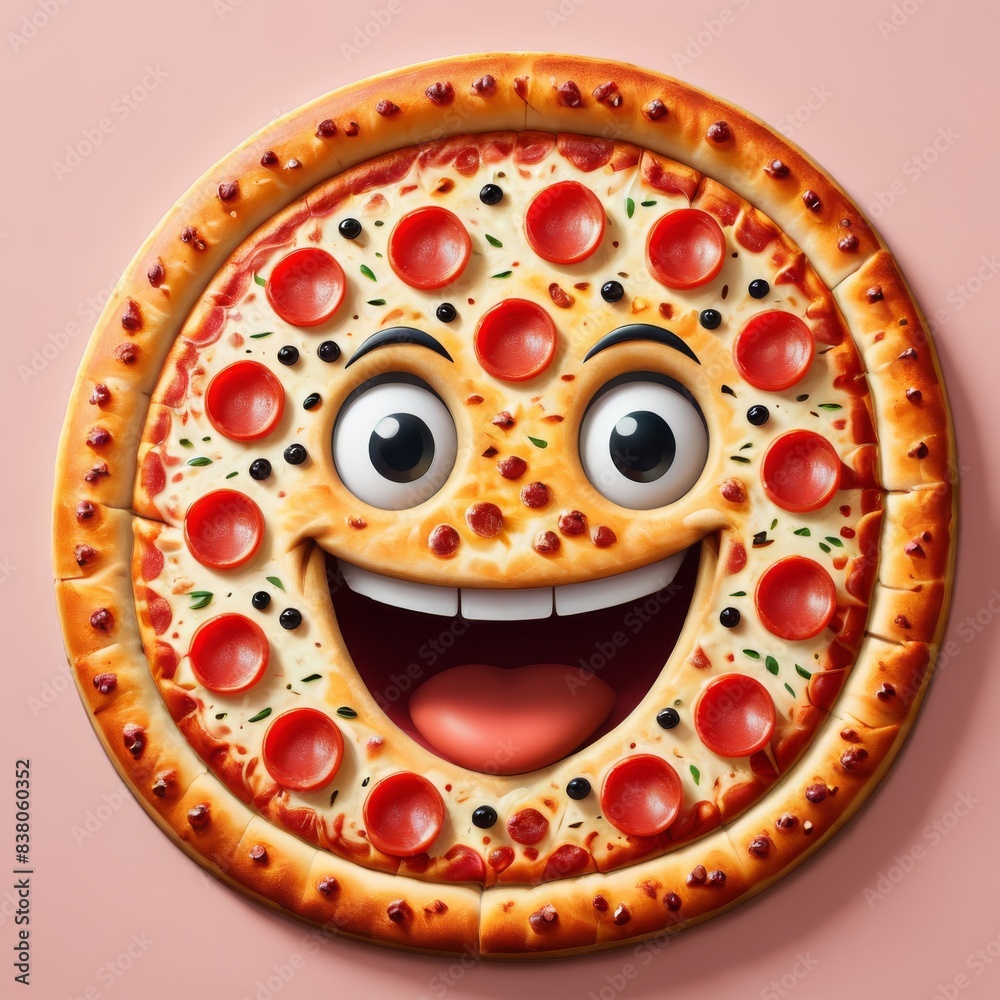 A delightful pepperoni pizza with a smiling face, eyes wide open in joy ...