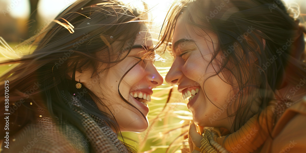 Two friends share a laugh while enjoying their picnic in the park, the ...