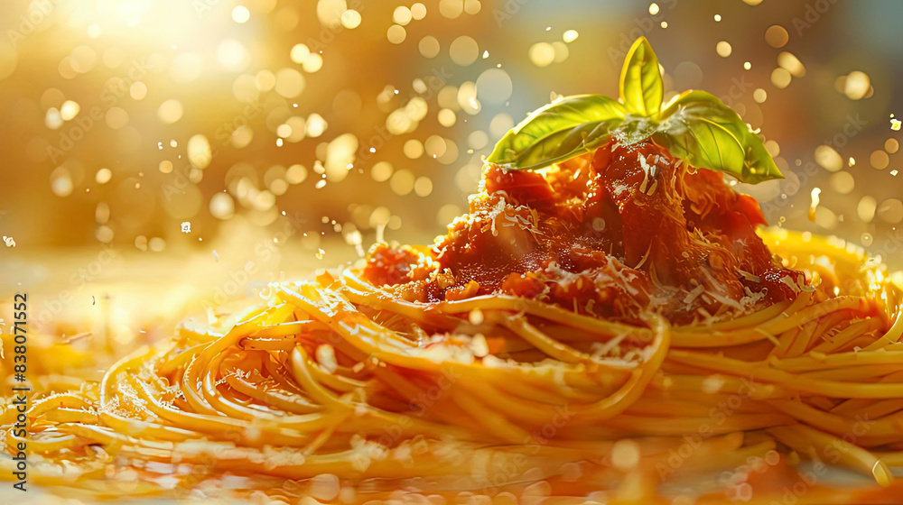 Design an enticing spaghetti advertisement featuring a perfectly plated ...