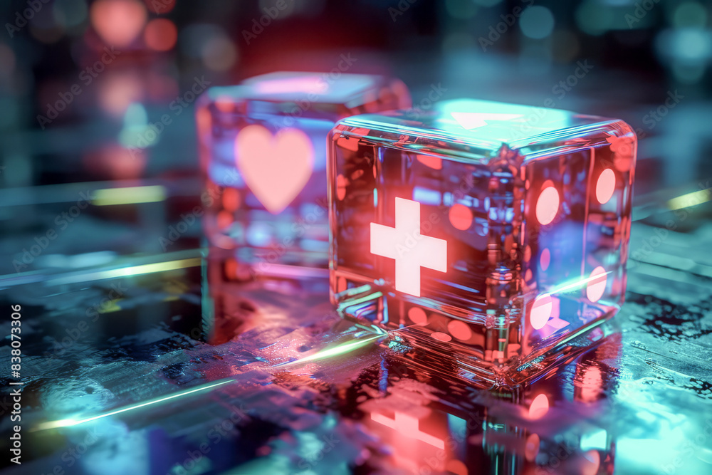 glowing dice with plus signs, one red and one blue, on a reflective ...