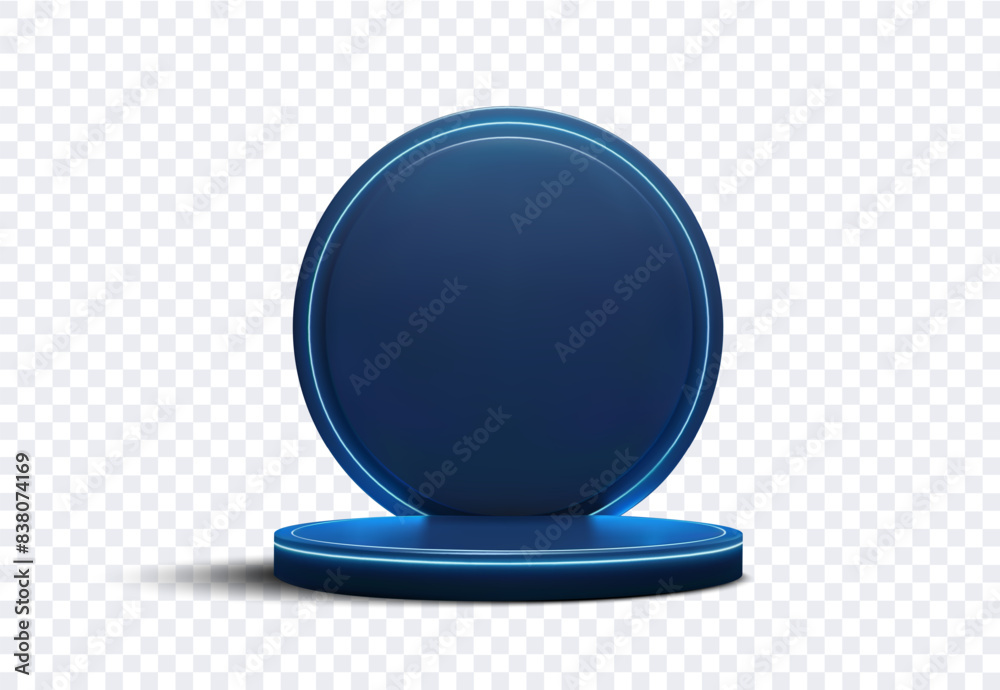 3D of a futuristic dark blue circular pedestal with neon blue lighting ...