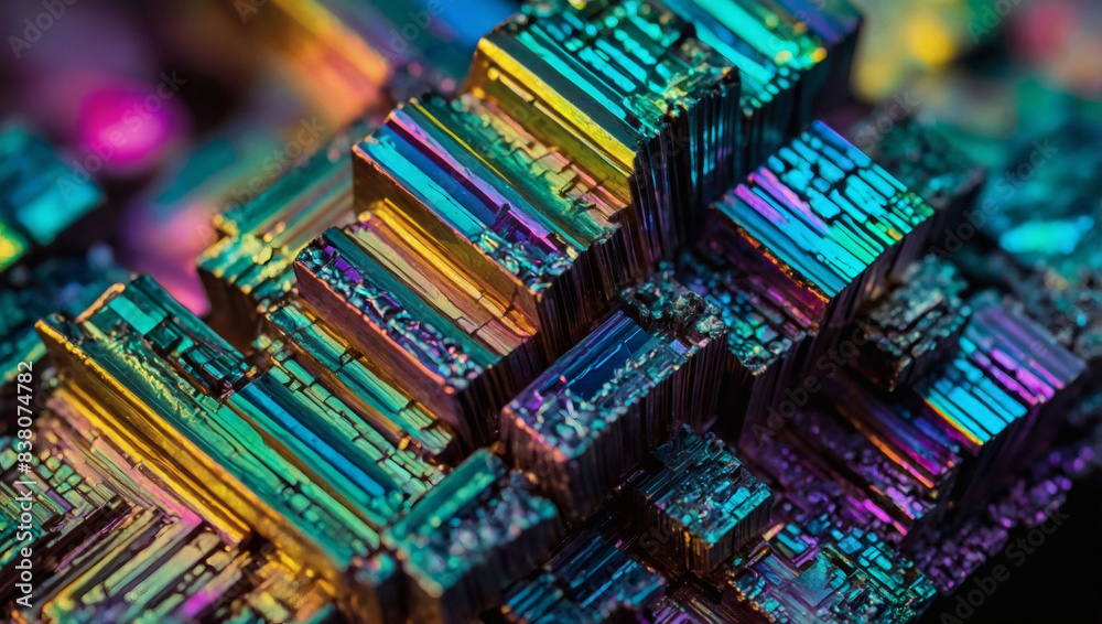 Intricate bismuth crystal patterns under a microscope with iridescent ...