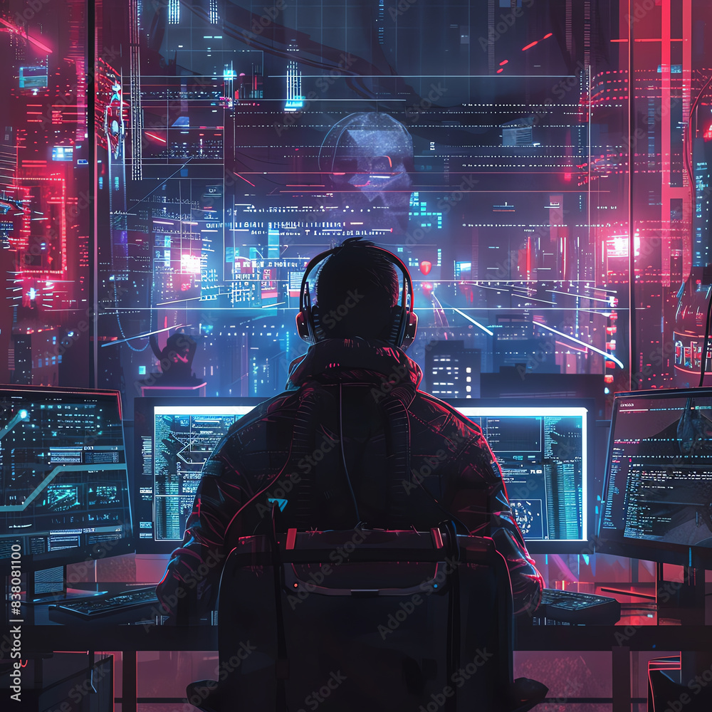 Illustrate a digital artwork of a sleek, cyberpunk-inspired management ...