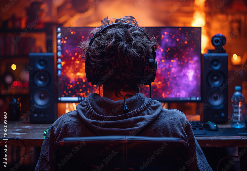 Gaming, a gamer sitting in front of his multiple screen, headphones on ...