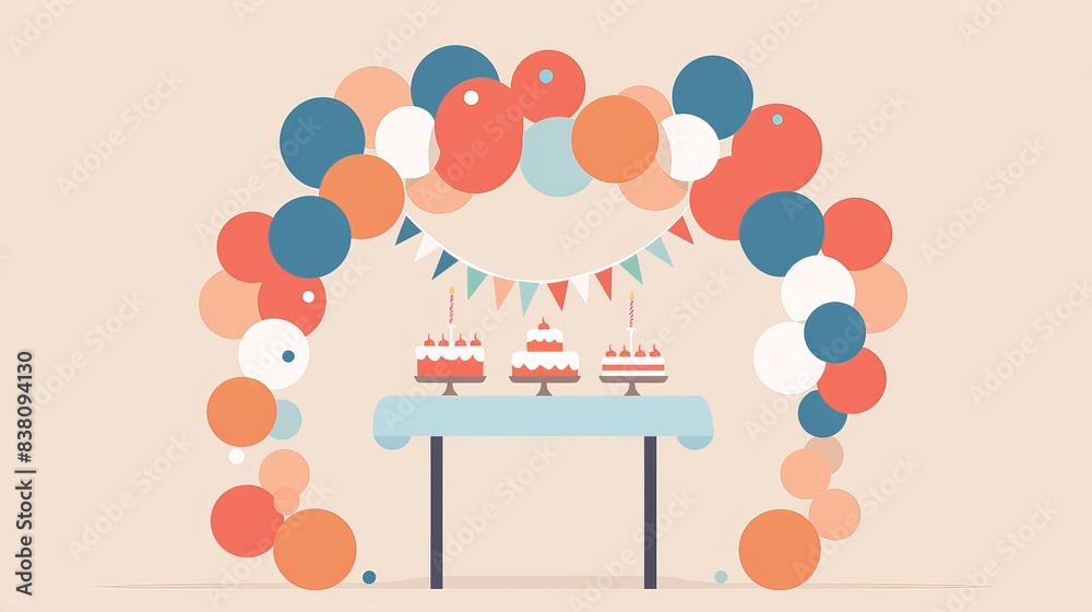 An illustration in 2D flat style featuring a balloon garland framing a ...