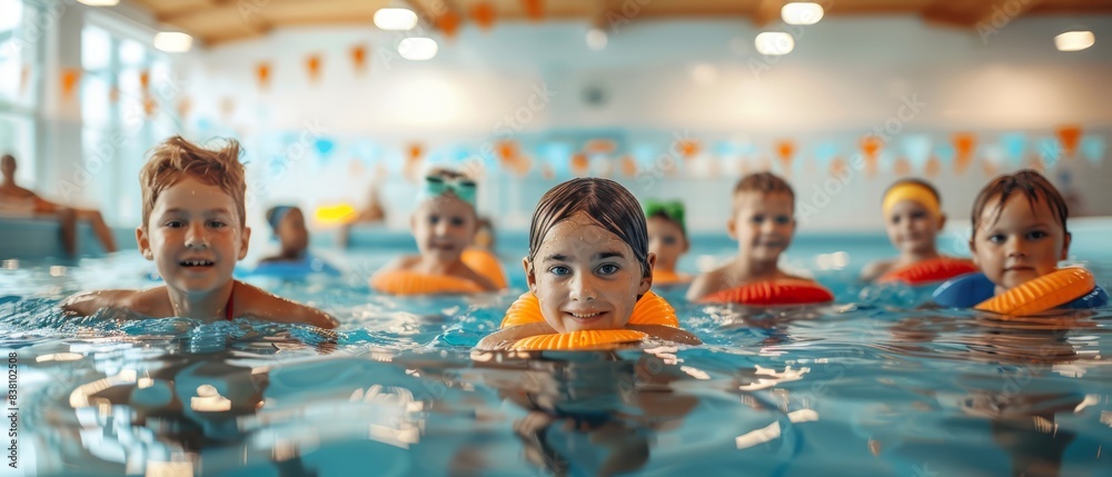 Group of happy kids learning swimming in indoor summer pool. Happy ...
