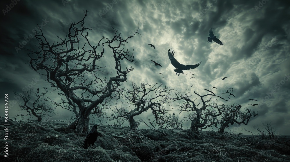 Magical forest with scary crooked black trees and moon at night, dark ...
