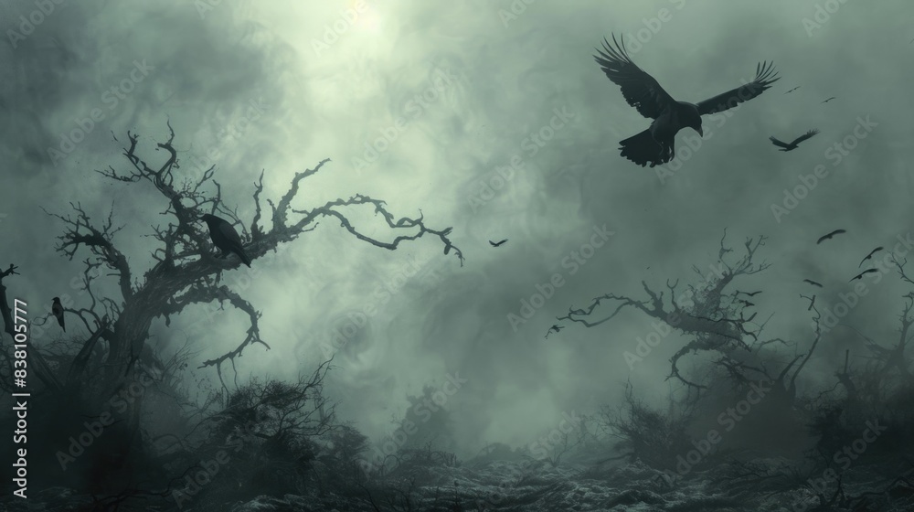 Magical forest with scary crooked black trees and moon at night, dark ...
