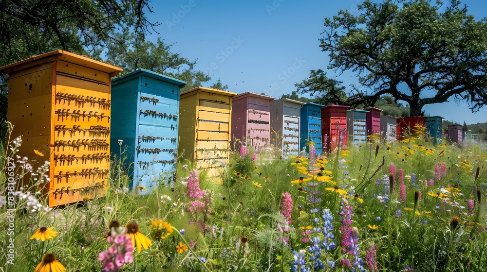 Colorful beehives in an open field, surrounded by wildflowers and trees ...