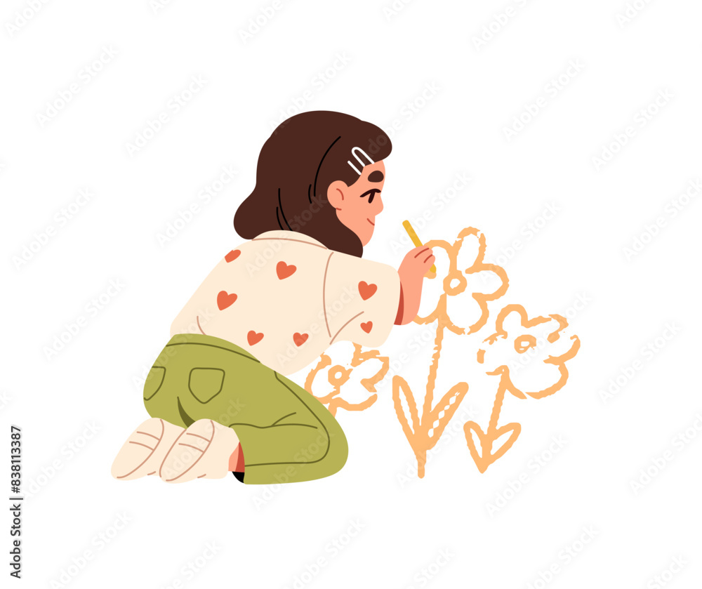 Cute little girl kneeling and drawing doodle flowers with chalk back ...