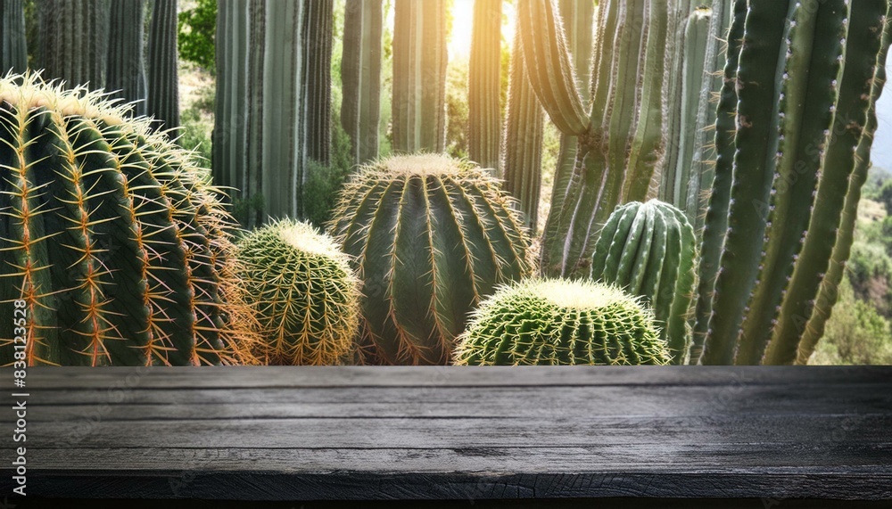 Backdrop de cactus com mesa preta de madeira para expor produtos Stock ...