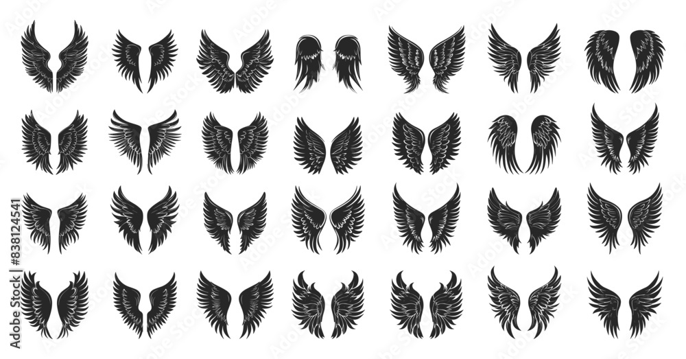 Hand-Drawn Angel Wings Icons. Set of Simple Black Icons on White ...