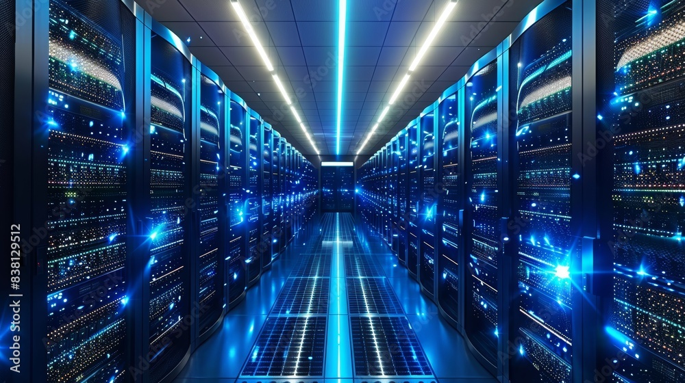 A Modern Data Center, with rows of servers and blue glowing lights ...