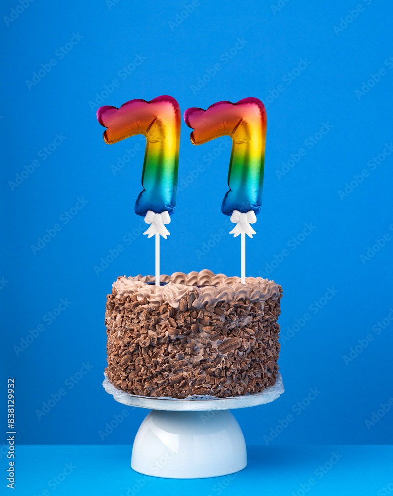 Birthday cake with balloon number 77 - Invitation card on blue ...