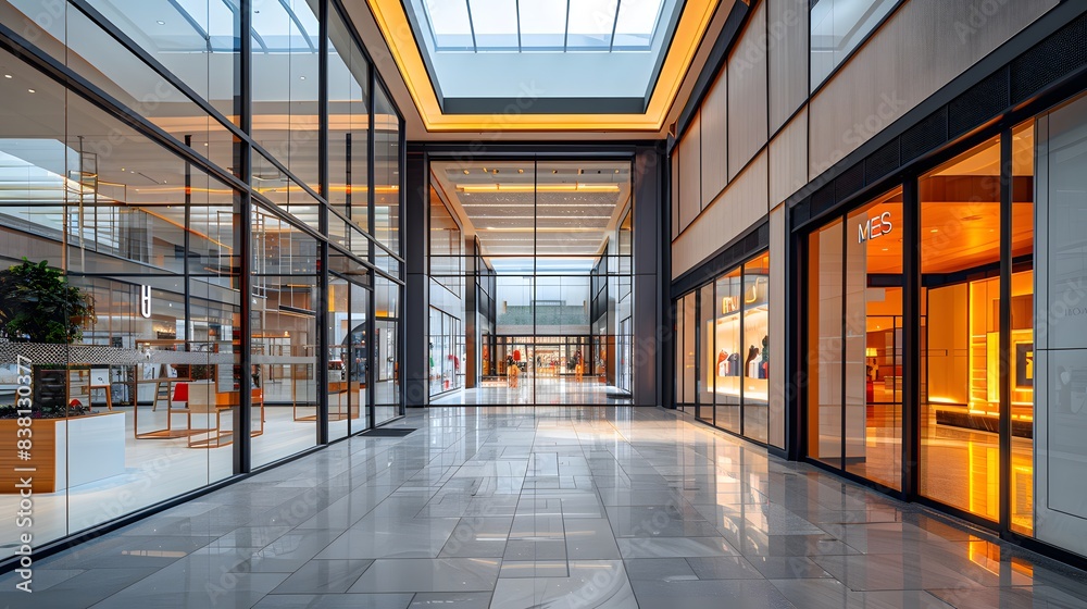 In the mall, glass doors and windows with metal frames in an open space ...