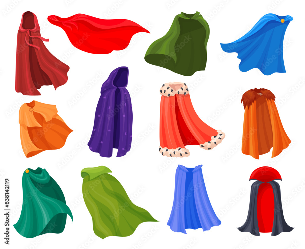 Cartoon magic cloaks. Medieval mantles with hood, carnival costumes ...