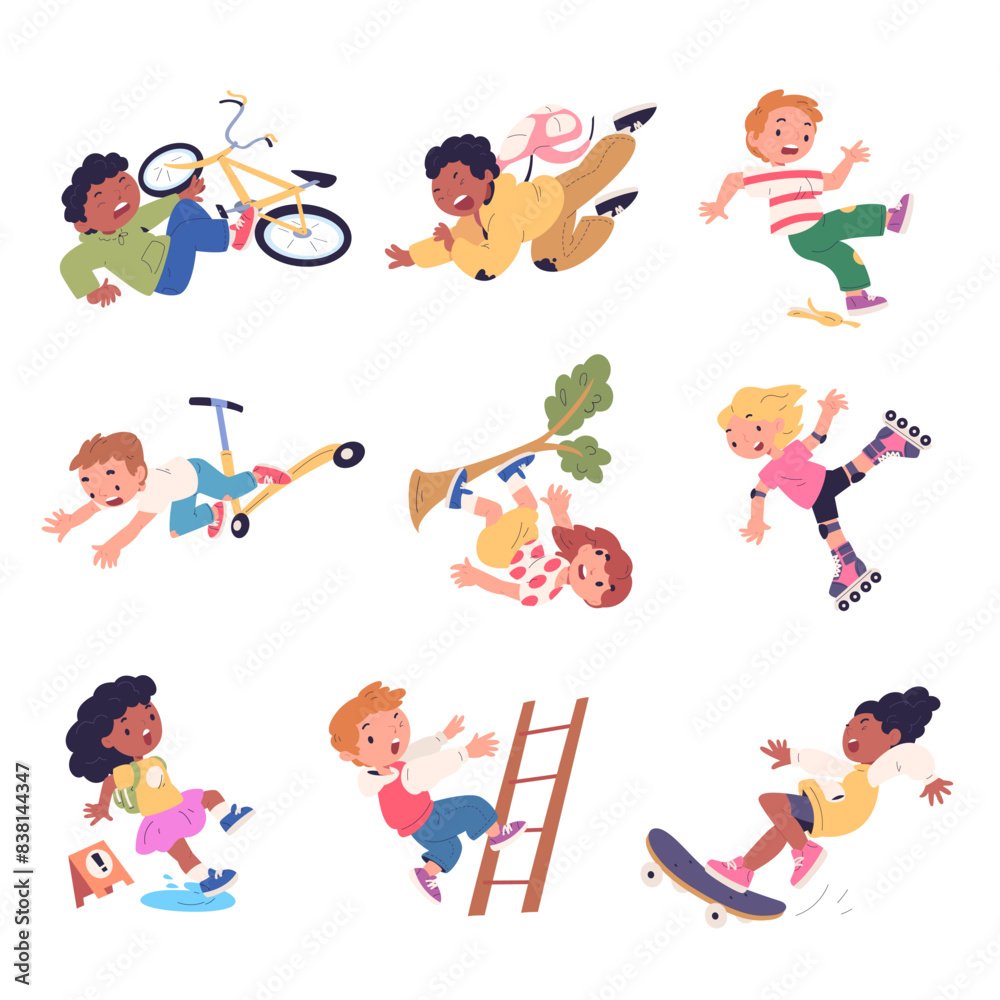 Falling kids. Cartoon children fall down accident, moving slip school ...