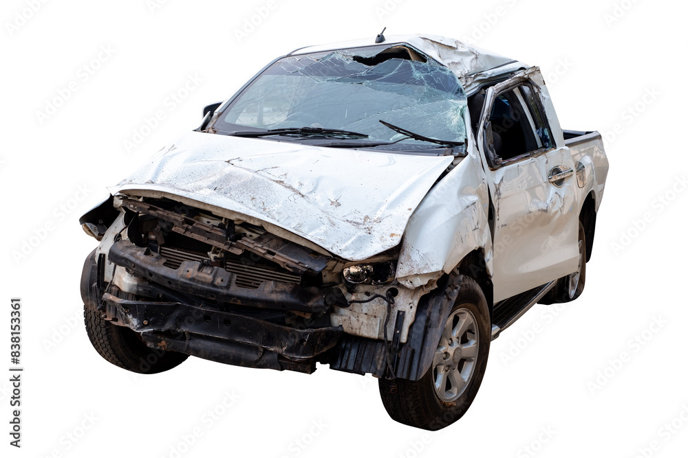 Car crash, Front and Side view of white pickup car get hard damaged by ...
