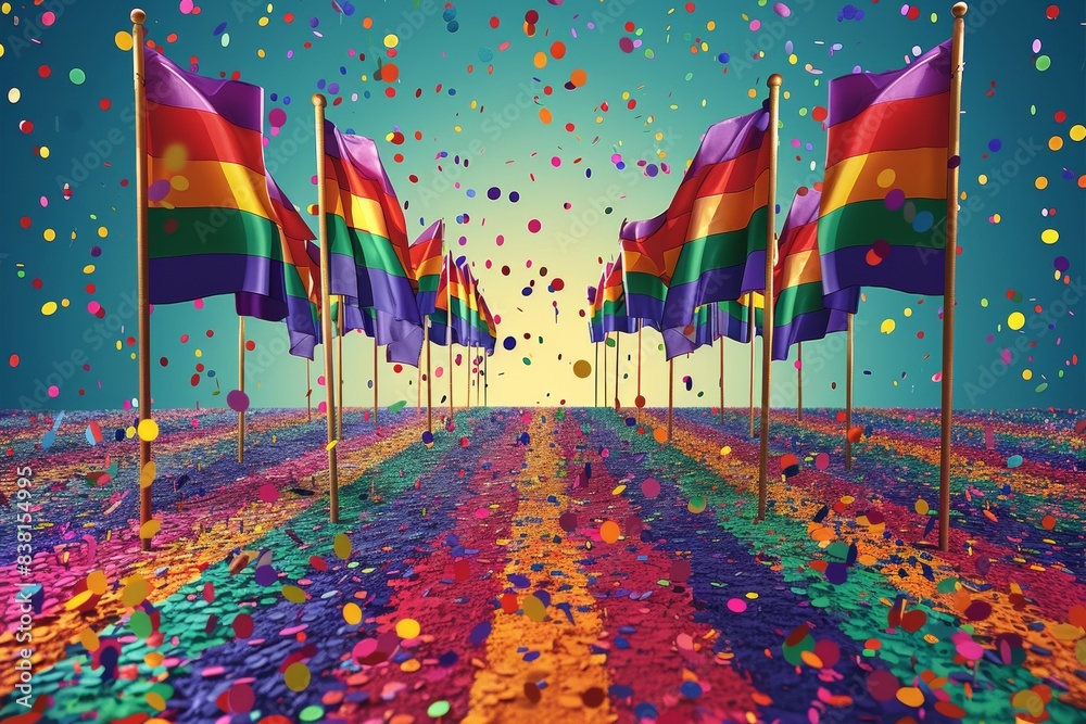 Multiple rainbow flags flying in a colorful confetti filled sky ...