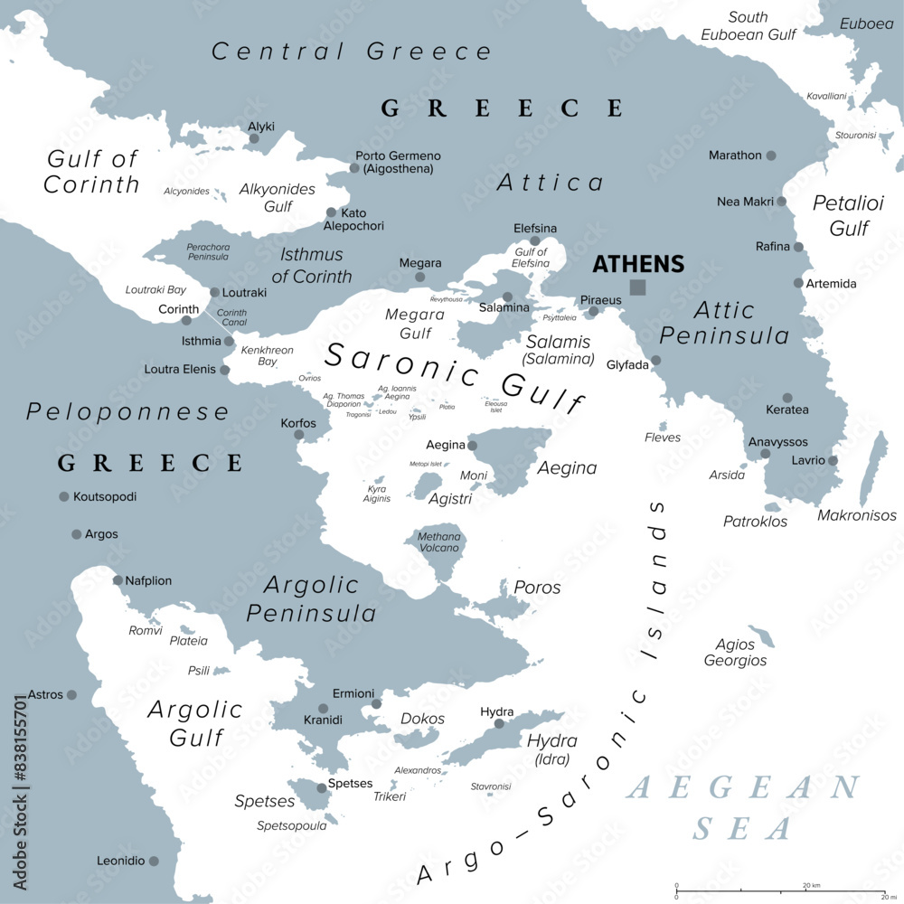Argo-Saronic Gulf, Saronic and Argolic Gulf of Greece, gray political ...