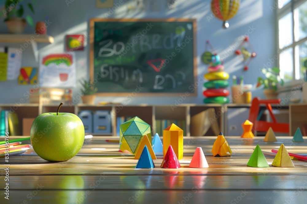 Bright and Colorful Elementary School Classroom with Geometric Shapes ...