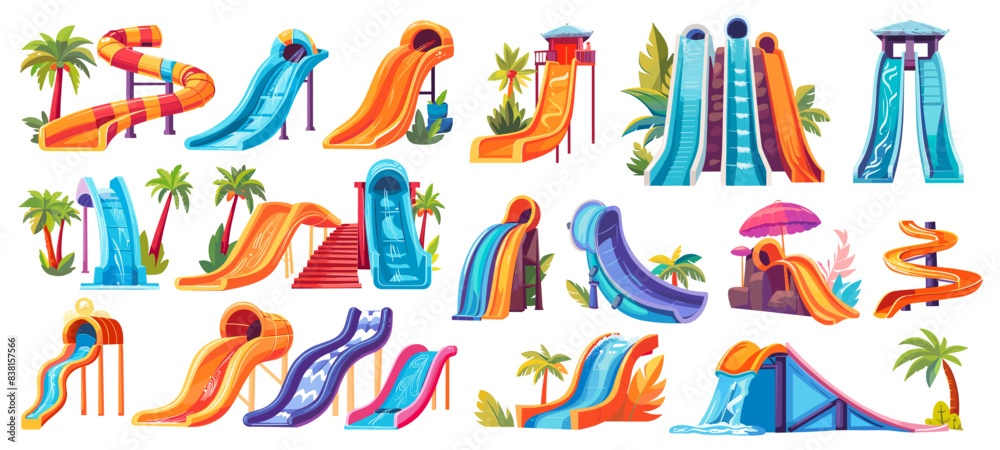 Cartoon waterslides, aquapark amusement water slides pool attraction ...