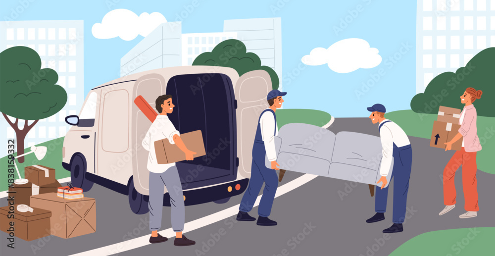 Movers at work. Delivery service. Family moving to new home. Workers ...