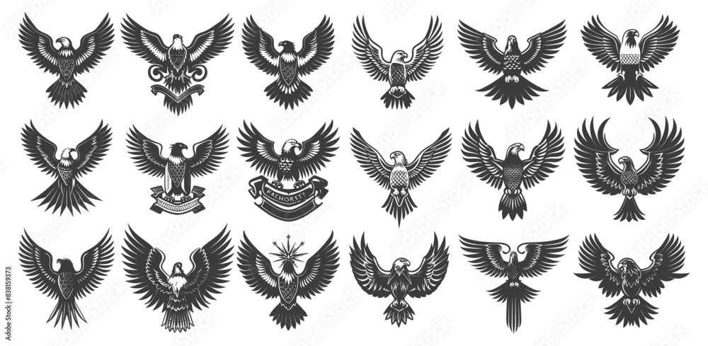 Heraldic eagle set. Black eagles bird silhouette, hawk tattoo heraldry ...