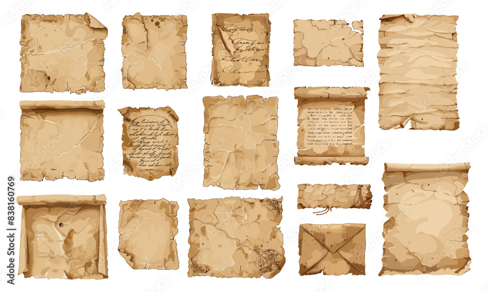 Old paper pages textures. Antique dirty sheet letter envelope, vintage ...