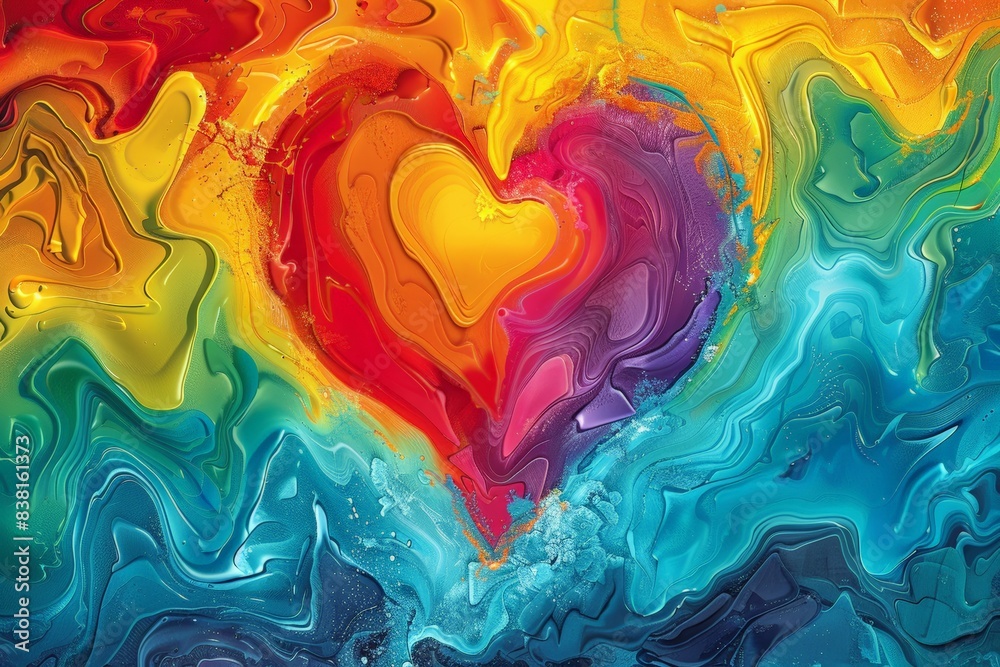 Abstract, vibrant heart illustration with fluid patterns in rainbow ...