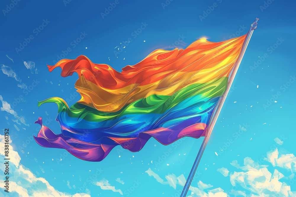 Vibrant rainbow flag flying high against a bright blue sky ...