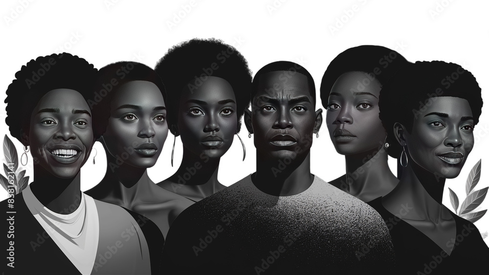Monochromatic Group of black people, black individuals, isolated on ...