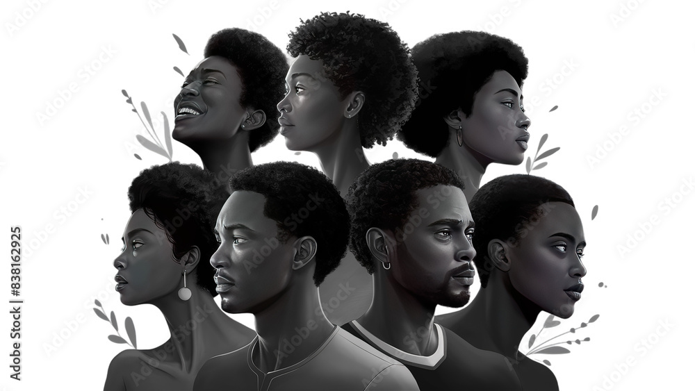 Monochromatic Group of black people, black individuals, isolated on ...