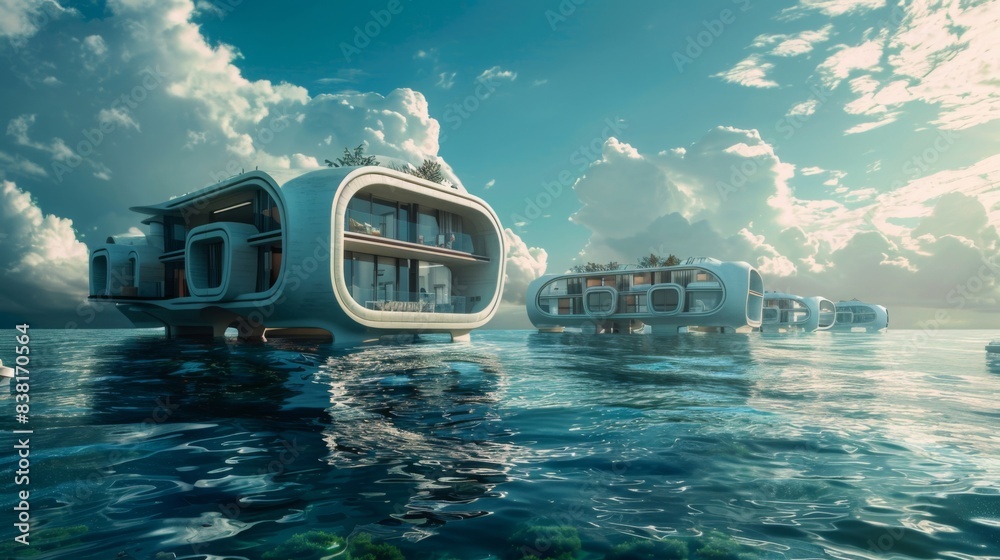 Construction of a floating city, featuring modular buildings and marine ...