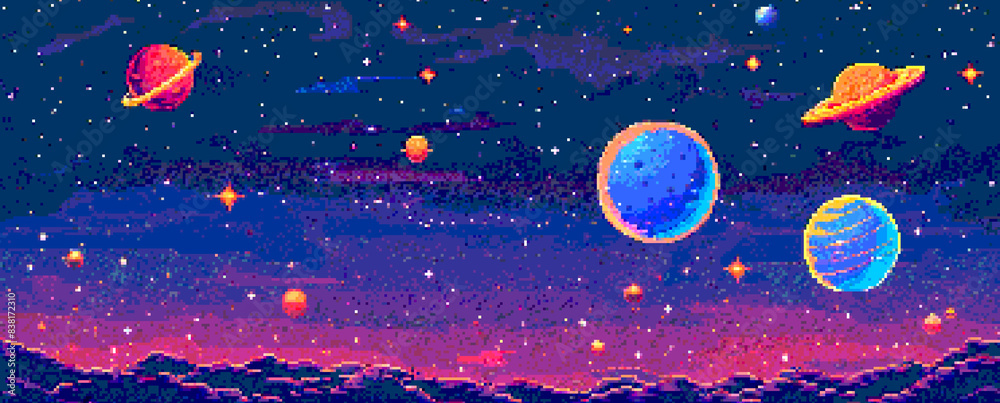 8-bit pixel art of a space background with stars, planets and galaxies ...