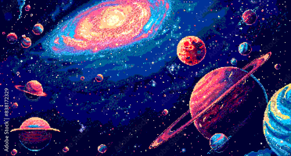 8-bit pixel art of a space background with stars, planets and galaxies ...